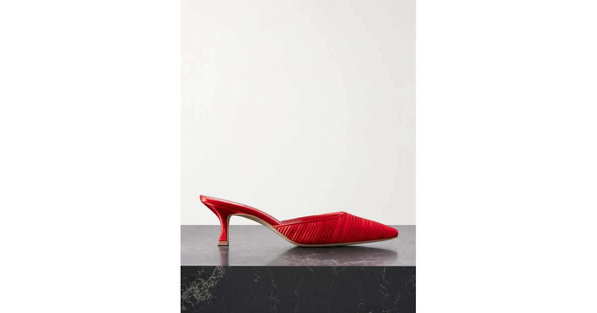 Manolo Blahnik Carolyne 50 Pleated Leather-Trimmed Satin Mules in Red ...
