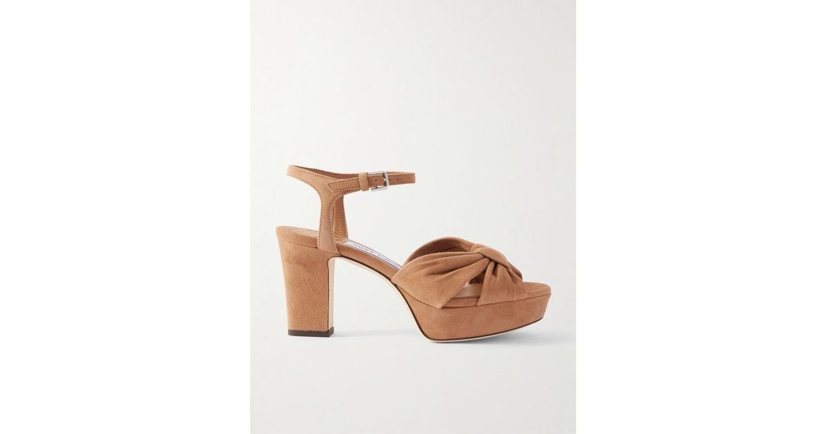 Jimmy Choo Heloise 80 Knotted Suede Platform Sandals in Natural | Lyst