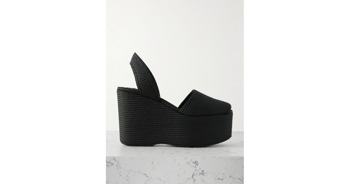 Alaïa Straw Slingback Platform Wedge Sandals in Black | Lyst