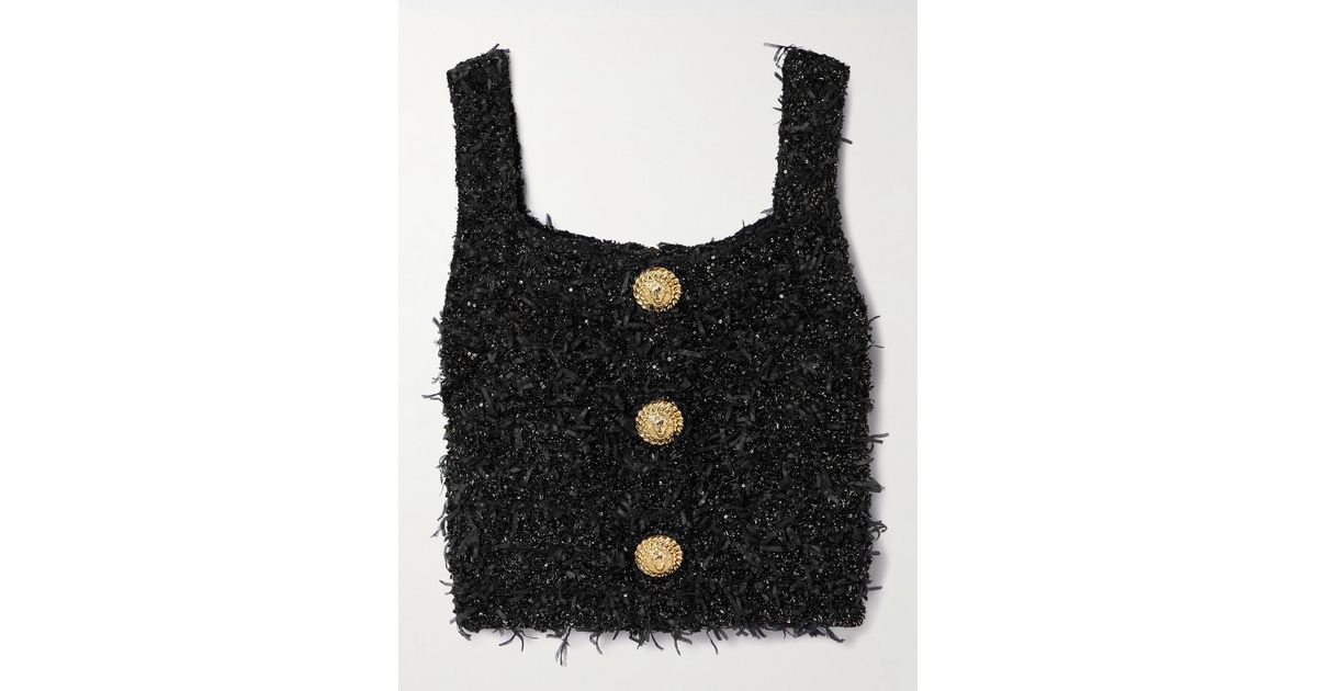 Balmain Cropped Button-Embellished Sequined Metallic Bouclé-Tweed Top ...