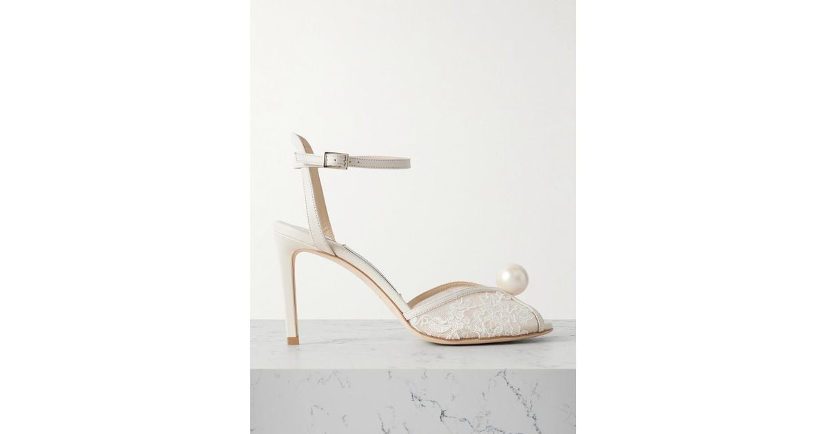 Jimmy Choo Sacora 85 Embellished Leather-Trimmed Lace Sandals in White ...