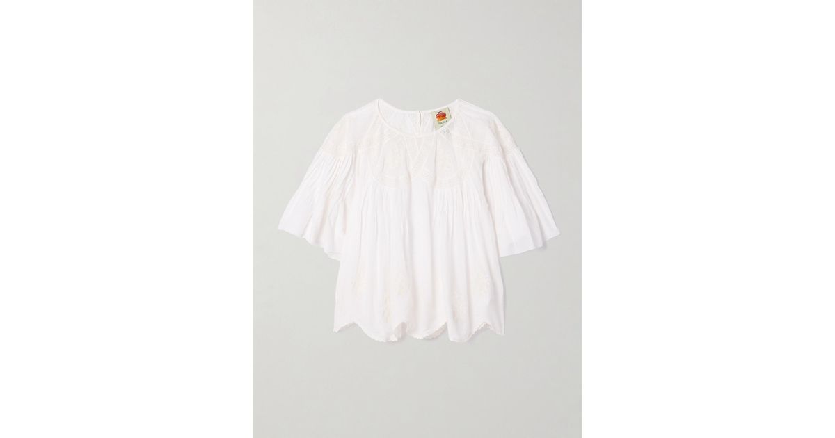 FARM Rio Crochet-Trimmed Embroidered Cotton-Voile Blouse in White | Lyst
