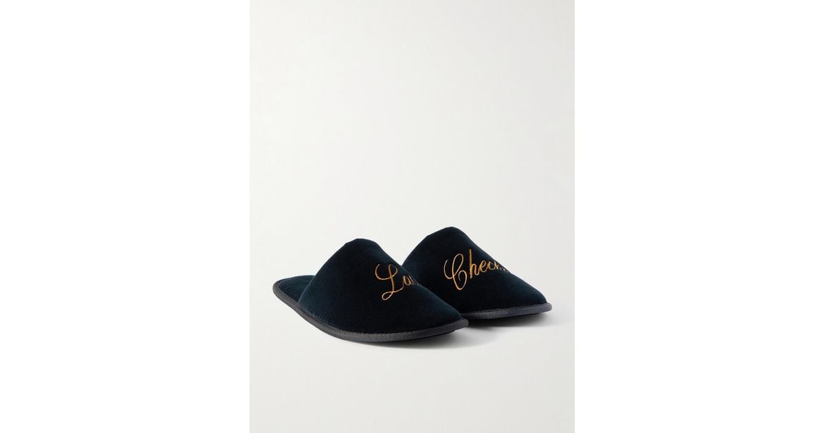 FRAME Ritz Paris Late Checkout Embroidered Velvet Slippers in Black | Lyst
