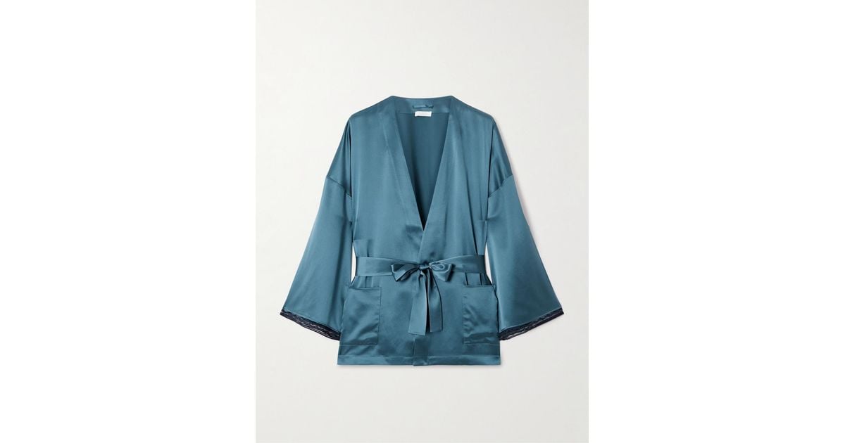 Eres Ondine Belted Lace-Trimmed Silk-Satin Robe in Blue | Lyst UK