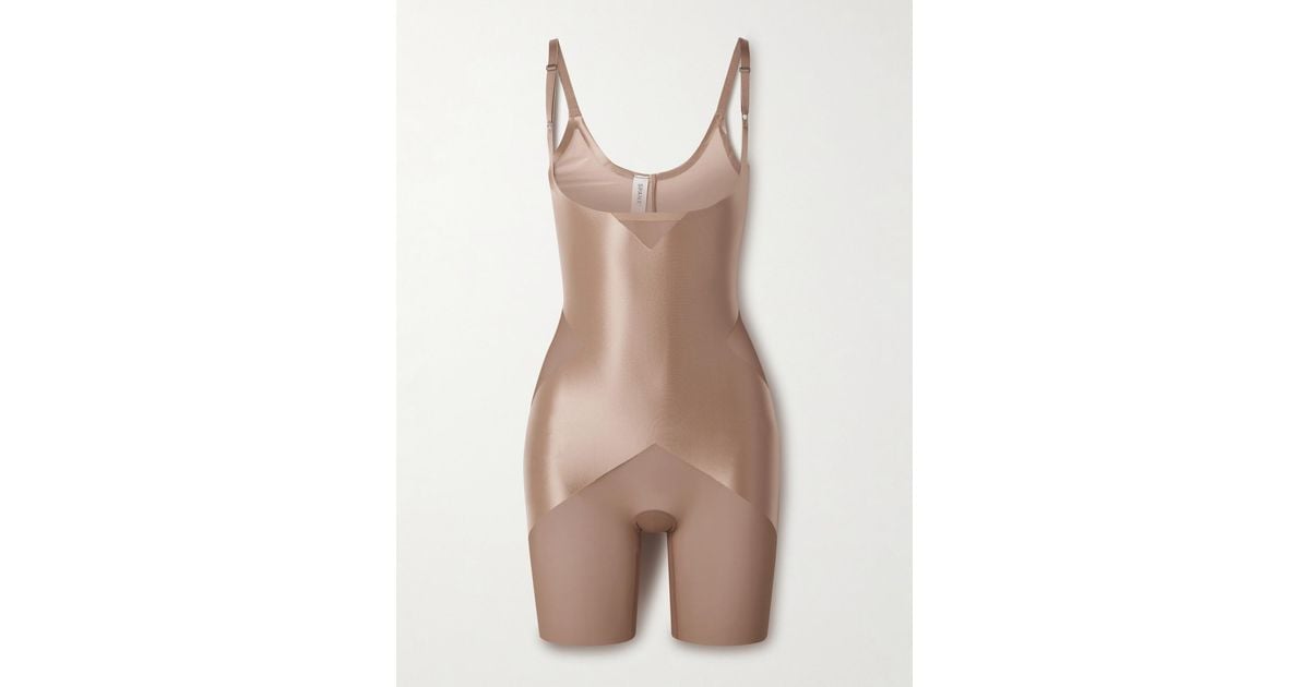 Spanx Shaping Mesh And Satin Bodysuit in Brown | Lyst