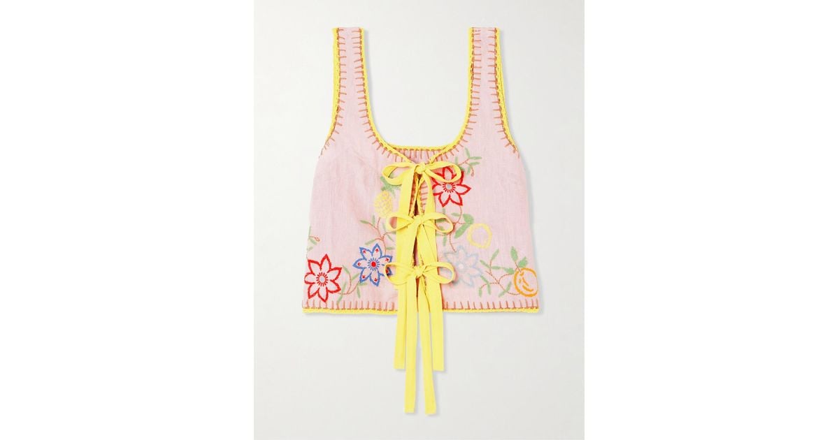 ALÉMAIS Olivia Tie-Detailed Embroidered Linen Top in Pink | Lyst