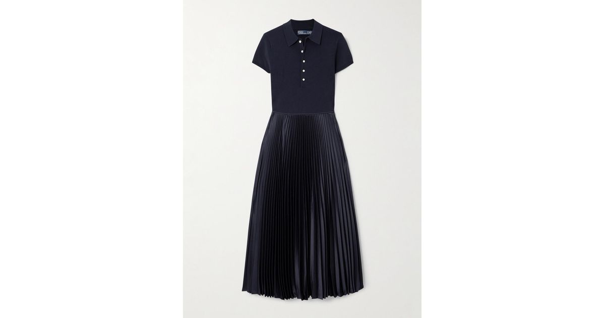 Polo Ralph Lauren Pleated Stretch-Knit And Recycled-Satin Midi Dress in Blue | Lyst