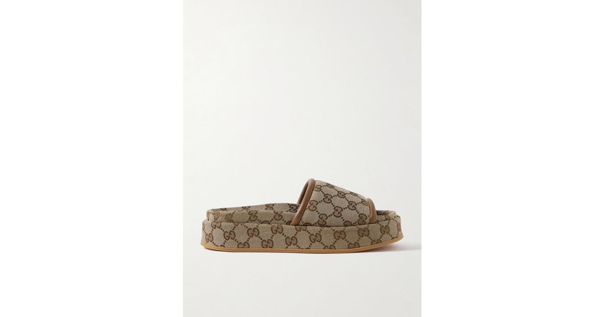 Gucci Clarice Leather-Trimmed Canvas-Jacquard Platform Slides in Brown ...