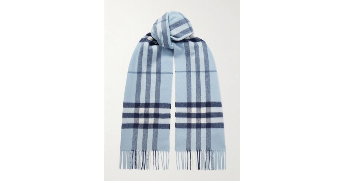 Burberry Fringed Checked Cashmere Scarf in Blue | Lyst