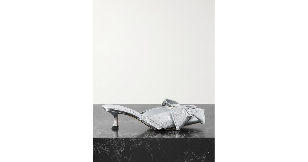 Jimmy Choo Staz 50 Bow-Embellished Metallic Crinkled-Leather Pumps in ...