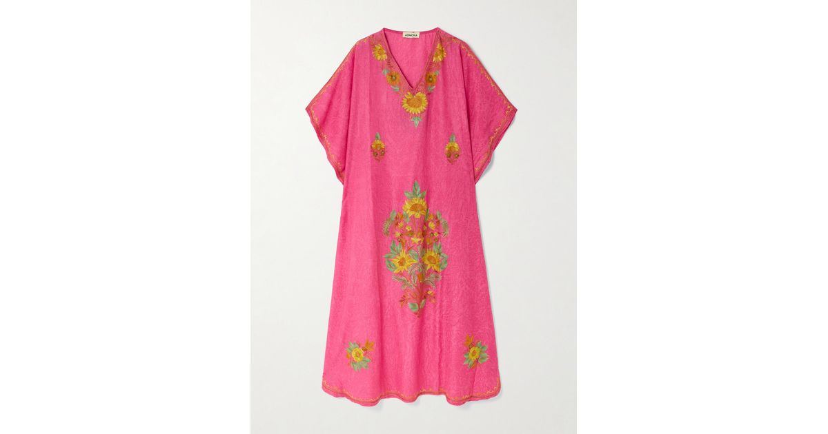 Admona Embroidered Crinkled-Gauze Kaftan in Pink | Lyst