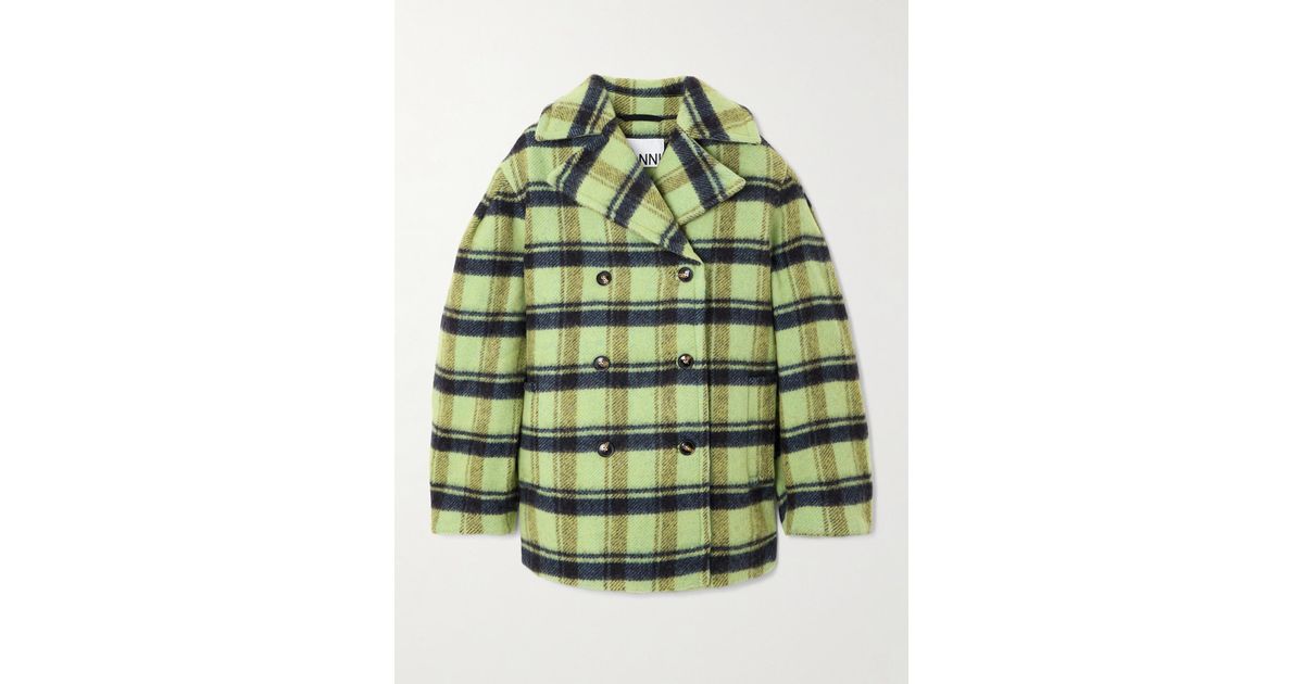 Ganni Oversized Double-Breasted Checked Brushed-Wool Coat in Green | Lyst