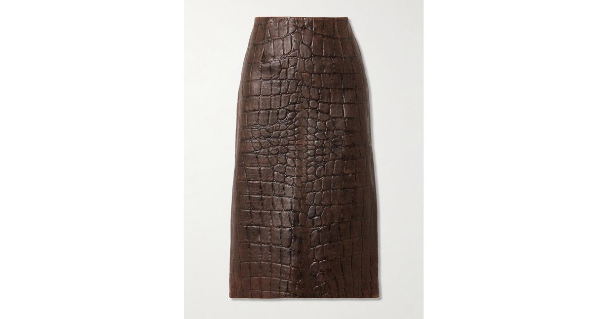 Emilia Wickstead Lorretta Croc-Effect Leather Midi Skirt in Brown | Lyst UK