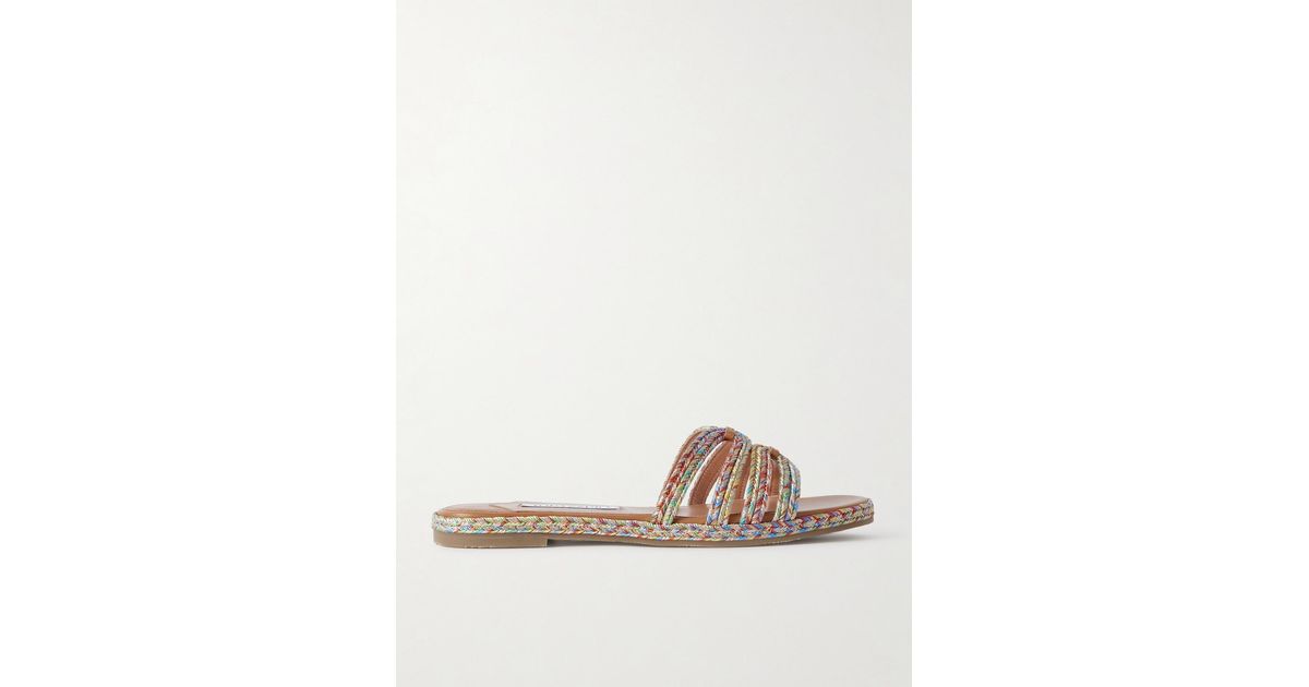 Aquazzura Playita Leather-Trimmed Metallic Woven Cord Slides in Natural ...