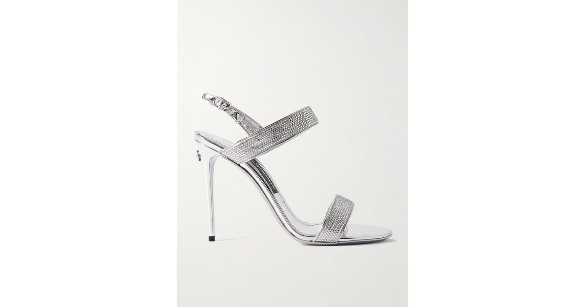 Dolce & Gabbana Crystal-Embellished Satin And Metallic Leather Sandals in White | Lyst