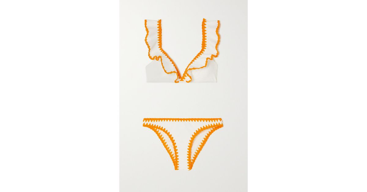 Zimmermann Halcyon Ruffled Crocheted Cotton Trimmed Bikini In Metallic