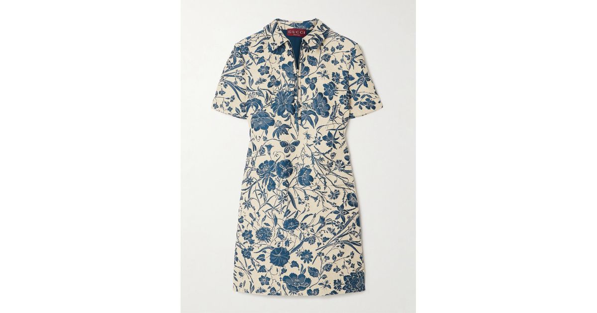 Gucci Embroidered Floral-Jacquard Bouclé Mini Dress in Blue | Lyst