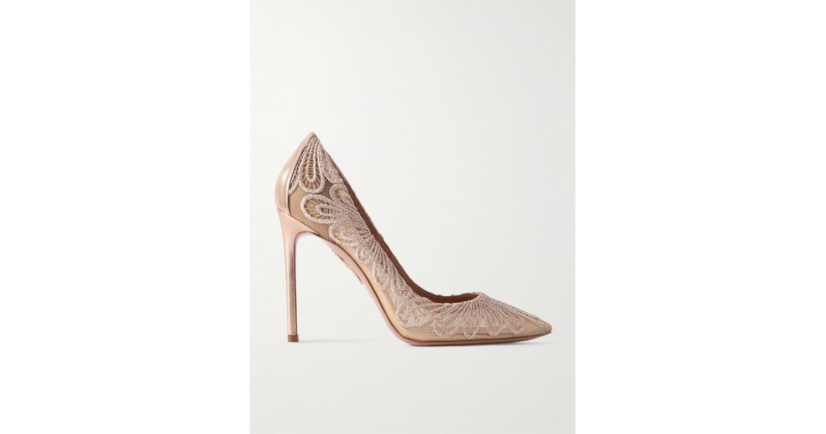 Aquazzura 105 Metallic Leather-Trimmed Chantilly Lace Pumps in White | Lyst