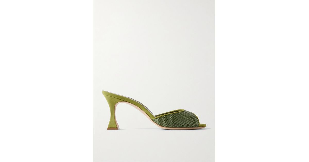Manolo Blahnik Jadara 70 Suede-Trimmed Raffia Sandals in Green | Lyst