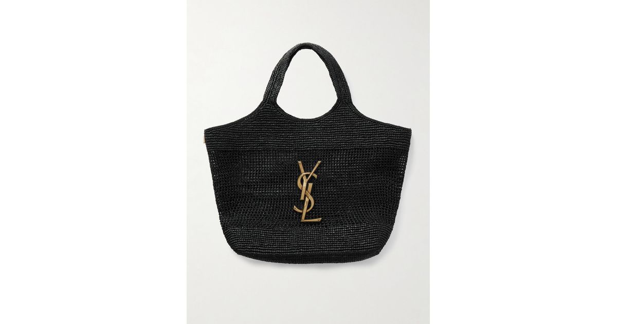 Saint Laurent Icare Maxi Embellished Raffia Tote in Black | Lyst