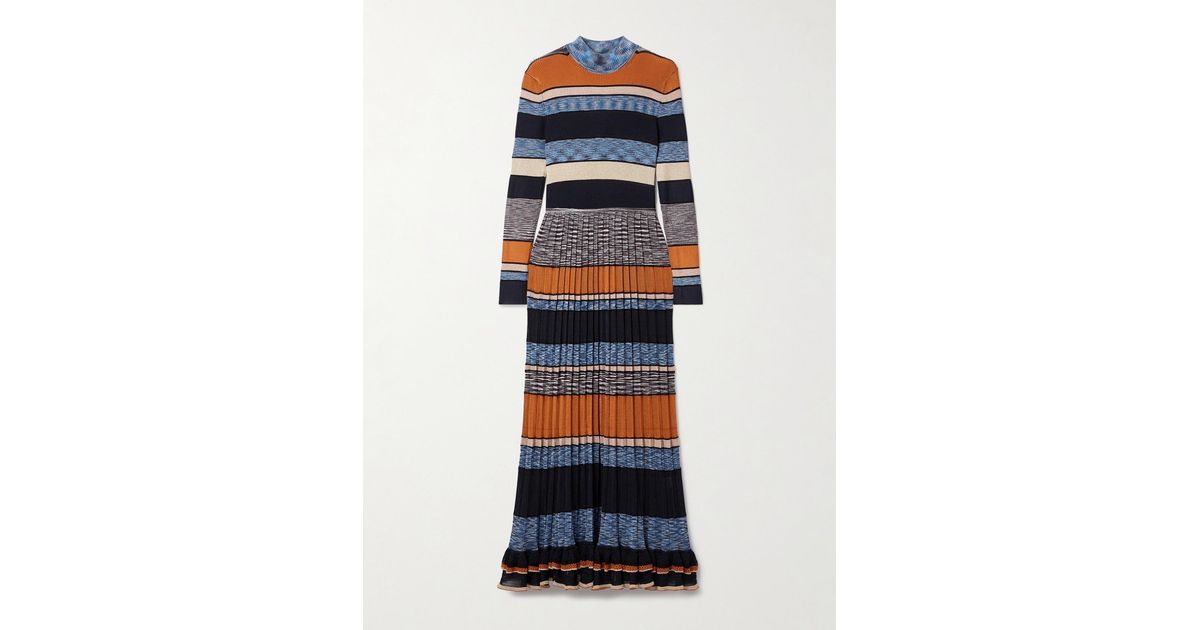Ulla Johnson Evangeline Striped Pleated Metallic-Knit Turtleneck Maxi ...