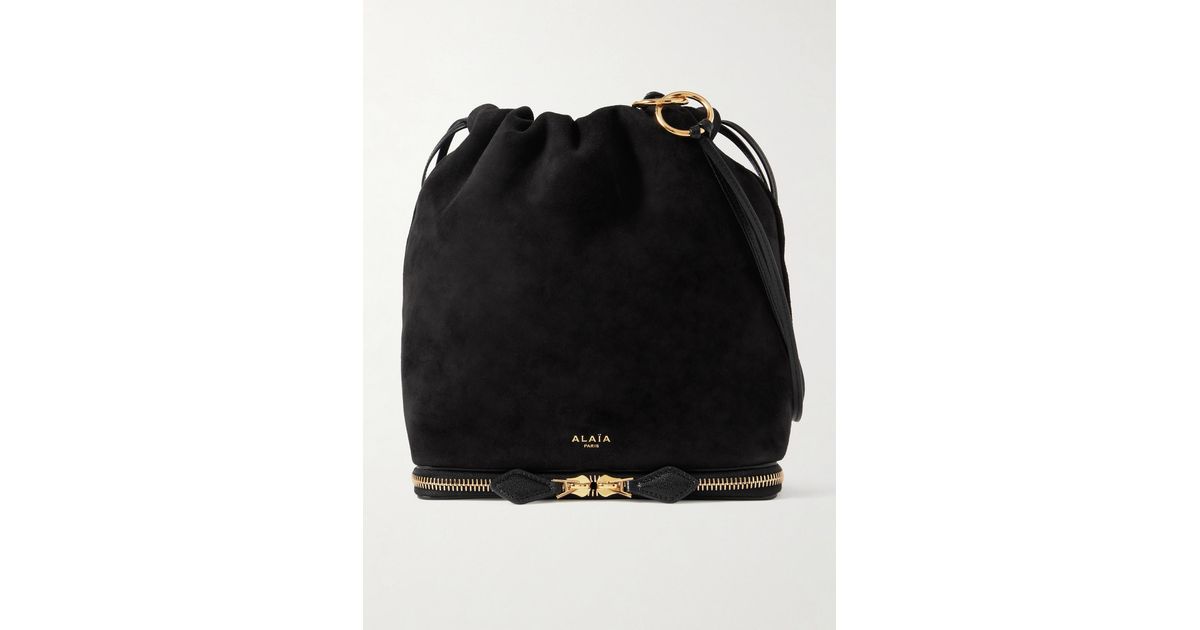 Alaïa Le Pochon Leather-Trimmed Suede Shoulder Bag in Black | Lyst