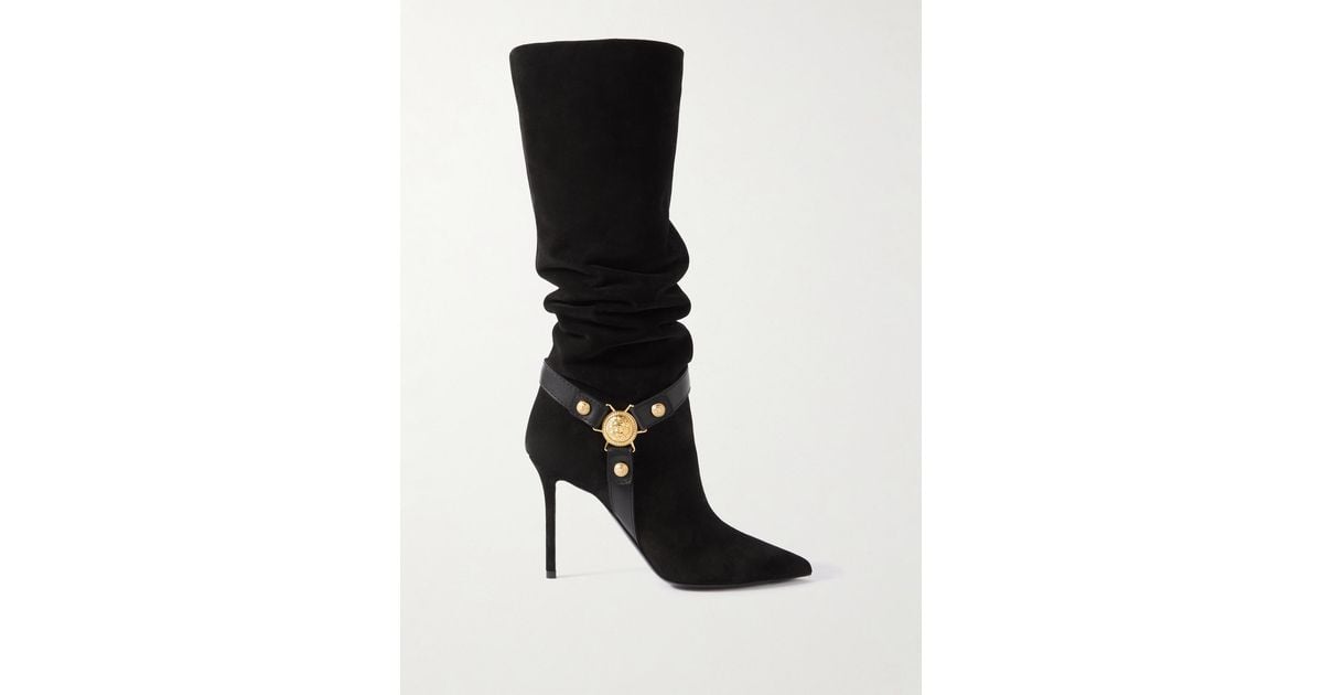 Balmain Eva Embellished Leather-Trimmed Suede Knee Boots in Black | Lyst