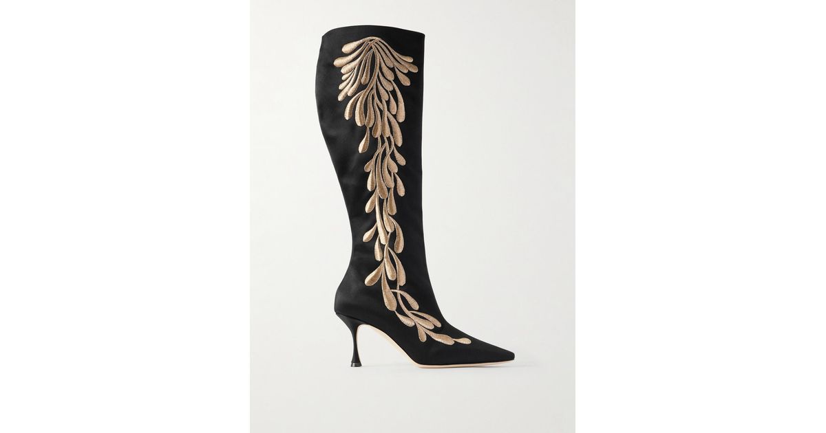 Manolo Blahnik Menki 70 Embroidered Satin Knee Boots in Black | Lyst UK