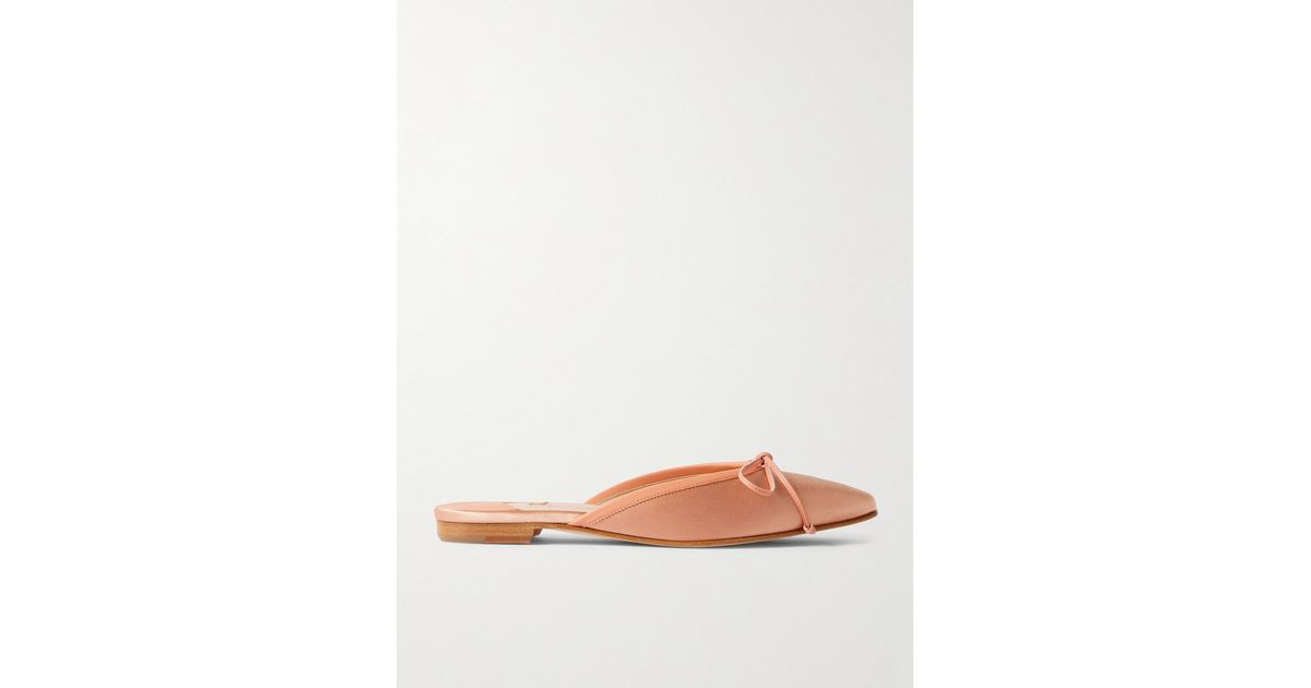 Manolo Blahnik Ballerimu Bow-Detailed Leather-Trimmed Satin Mules in Natural | Lyst
