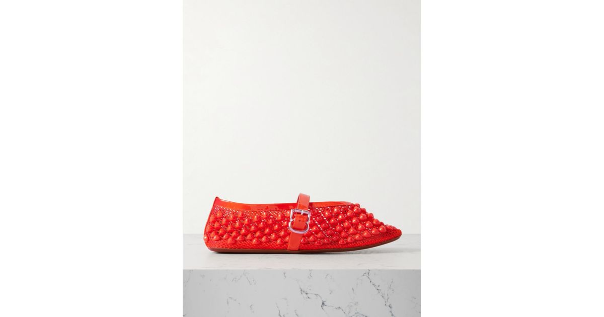 Alaïa Patent Leather-Trimmed Studded Mesh Ballet Flats in Red | Lyst