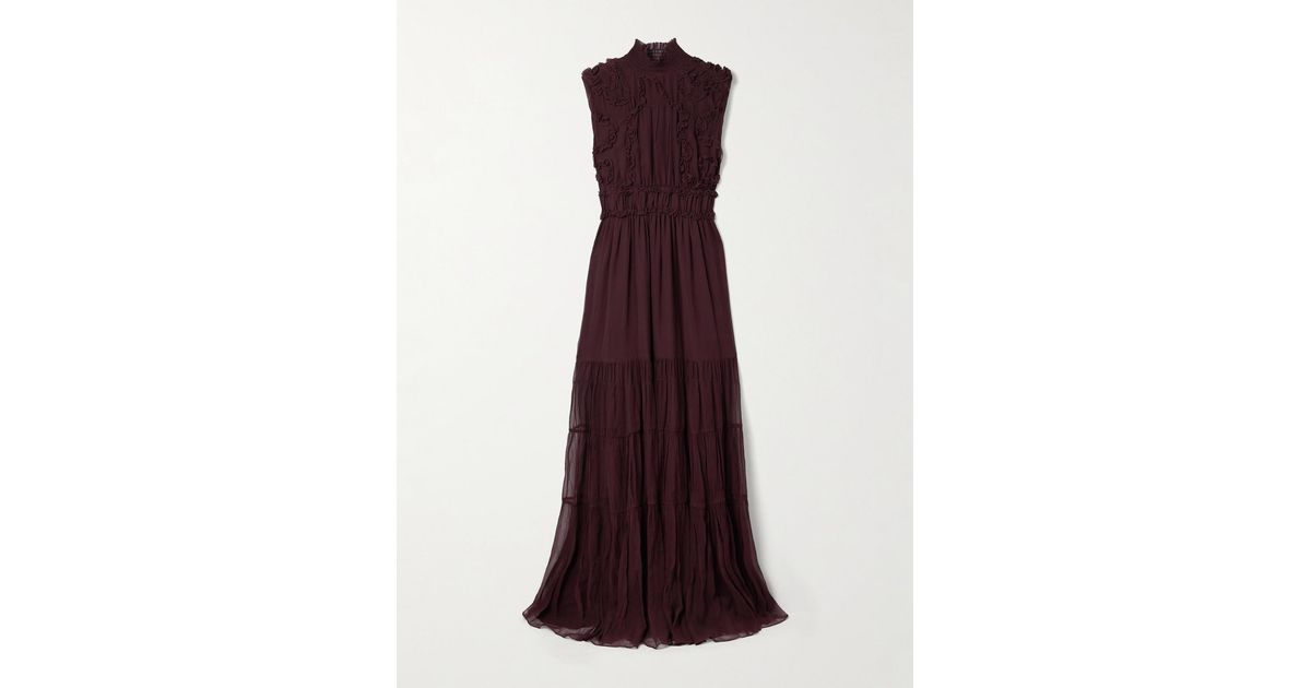Ulla Johnson Verona Ruffled Smocked Silk-Crepon Gown in Purple | Lyst