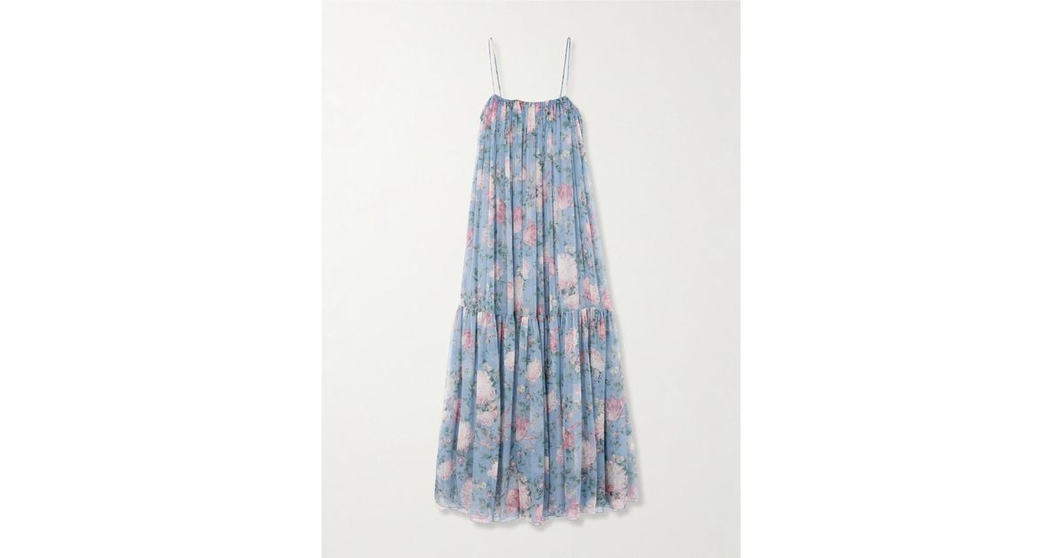 Chloé Gathered Floral-Print Silk Maxi Dress in Blue | Lyst