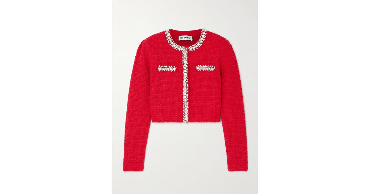 Self-Portrait Crystal-Embellished Metallic Waffle-Knit Cardigan in Red ...