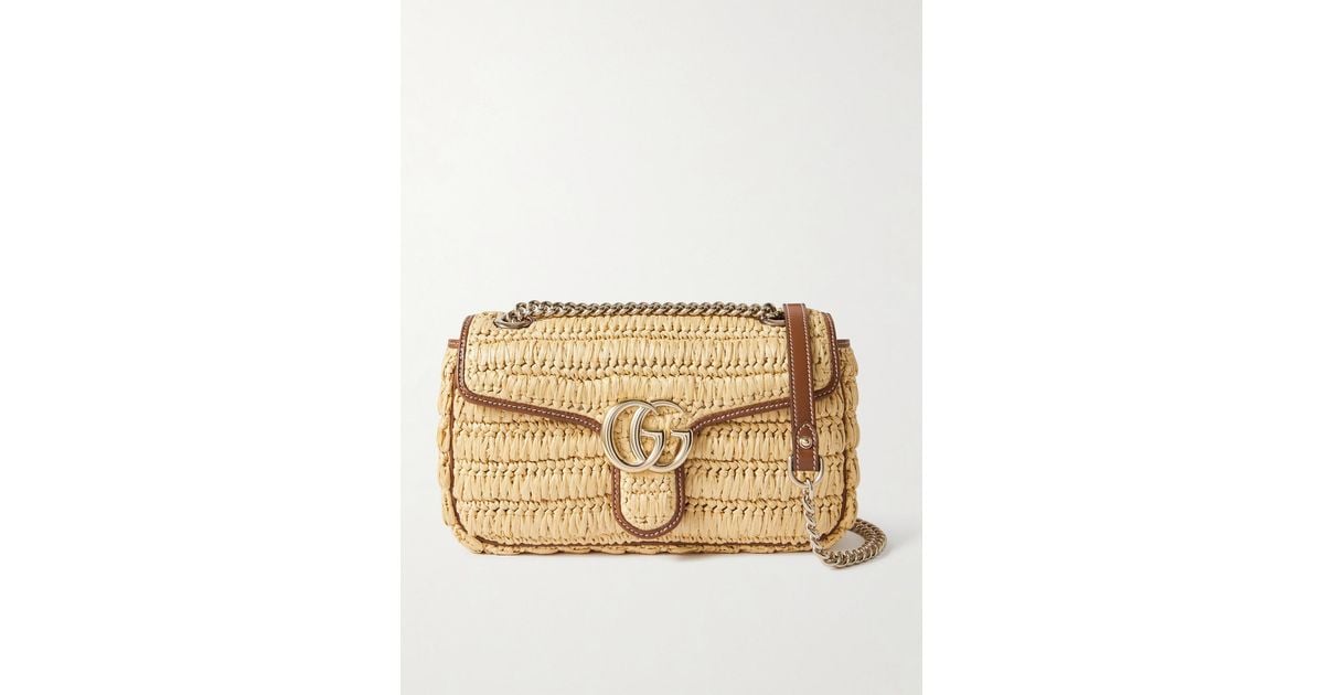 Gucci Gg Marmont 2.0 Leather-Trimmed Raffia Shoulder Bag in Natural | Lyst