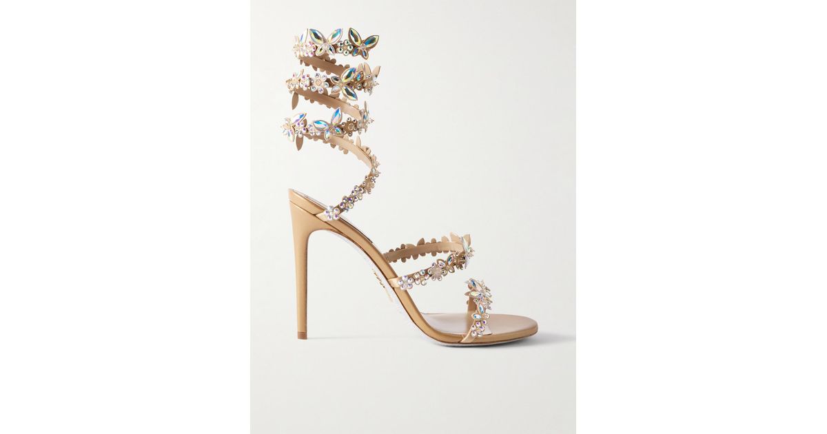 Rene Caovilla Eden Crystal-Embellished Satin Sandals in Metallic | Lyst