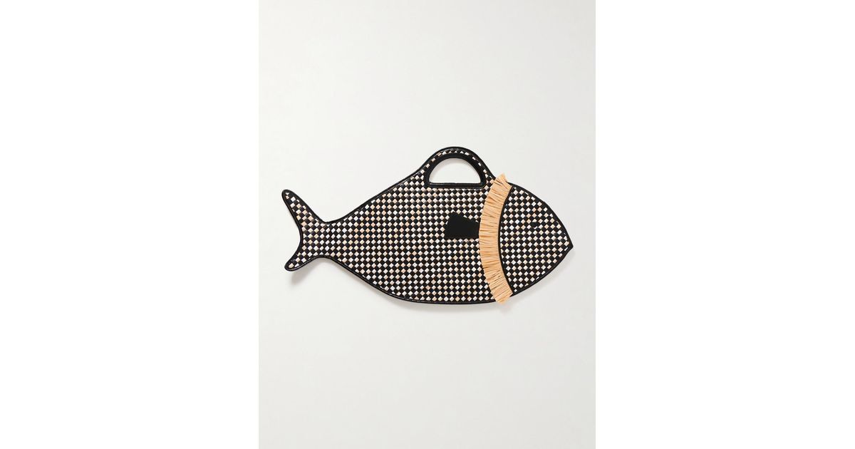 STAUD Cleo Fish Woven Leather And Raffia Tote in Black | Lyst