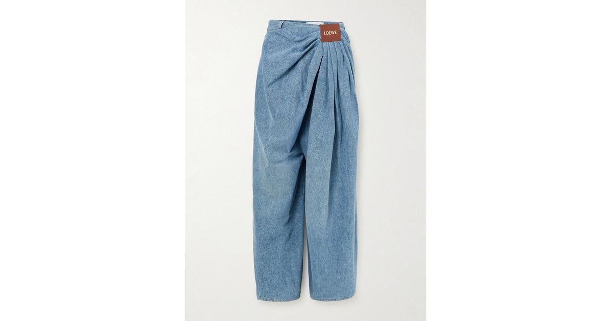 Loewe Leather-Trimmed Draped Gathered High-Rise Wide-Leg Jeans in Blue ...