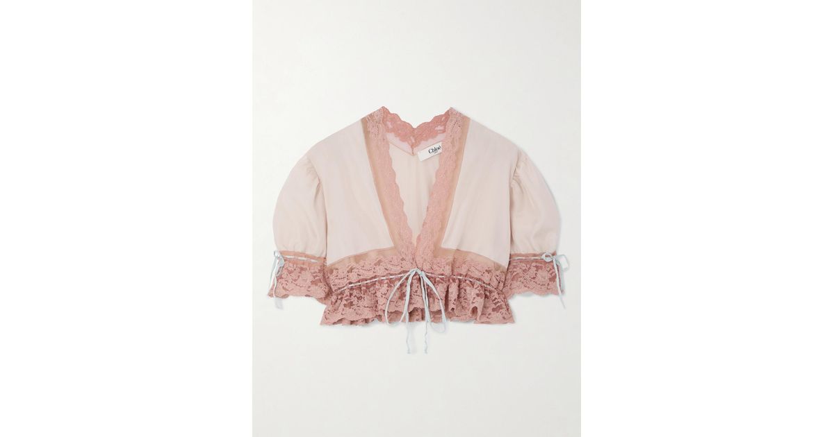 Chloé Cropped Lace-Trimmed Silk-Satin Top in Pink | Lyst