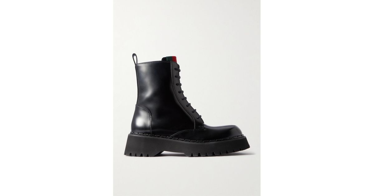 Gucci Thea Webbing-Trimmed Glossed-Leather Ankle Boots in Black | Lyst