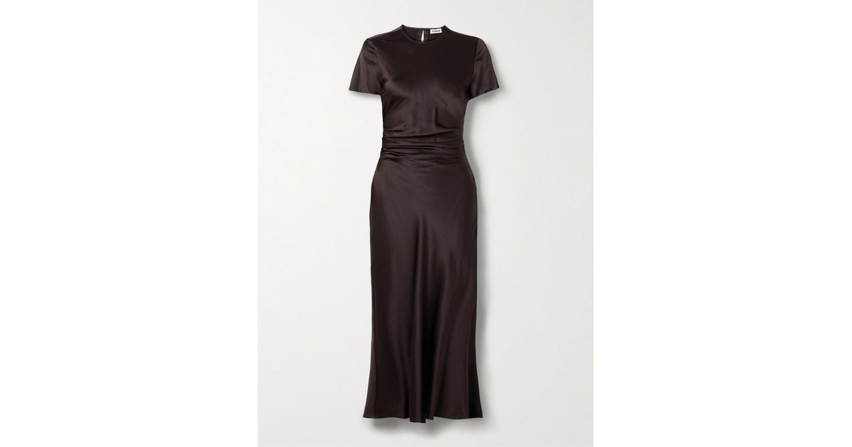 STAUD Marcel Ruched Stretch-Silk Charmeuse Midi Dress in Black | Lyst