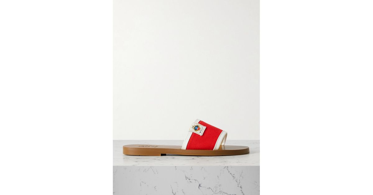 Bally Sollie Leather-Trimmed Canvas Slides in Red | Lyst