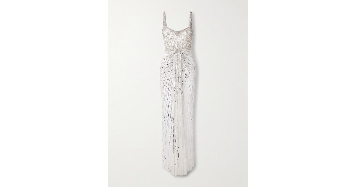 Jenny Packham Chrissy Draped Embellished Tulle Gown in White | Lyst