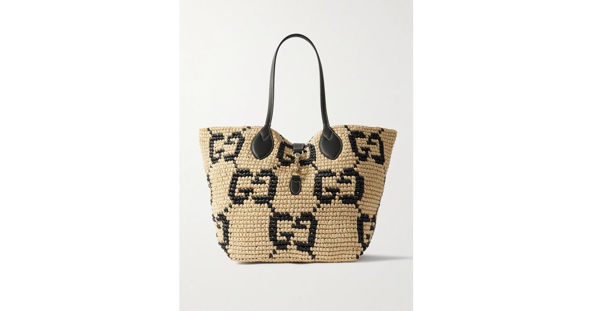 Gucci Leather-Trimmed Logo-Jacquard Raffia Tote in Natural | Lyst UK