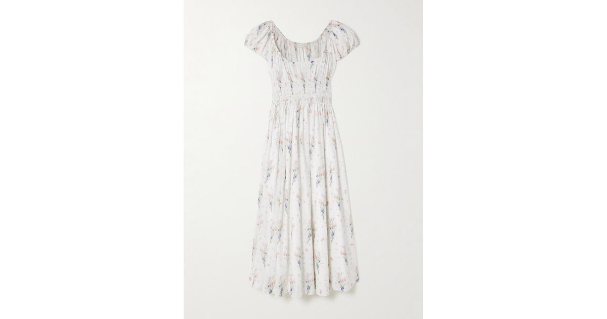 Doen Quinley Shirred Floral-Print Organic Cotton Midi Dress in White | Lyst
