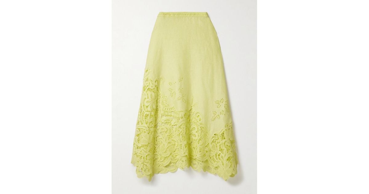 Ulla Johnson Rae Guipure Lace-Paneled Linen Midi Skirt in Yellow | Lyst