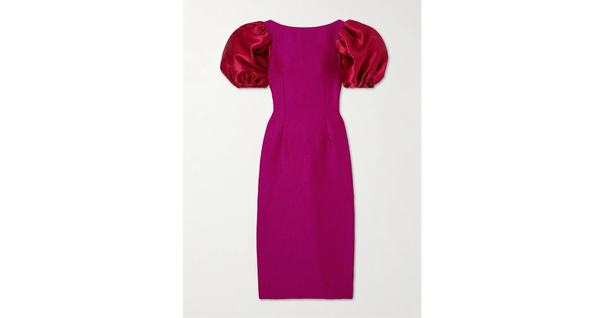 D'Estree Suzanne Faille-Trimmed Crepe Midi Dress in Purple | Lyst