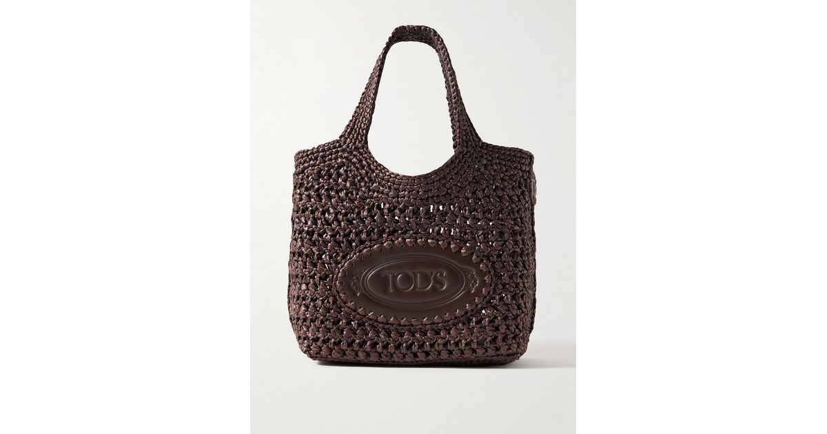 Tod's Mini Leather-Trimmed Woven Raffia Tote in Brown | Lyst