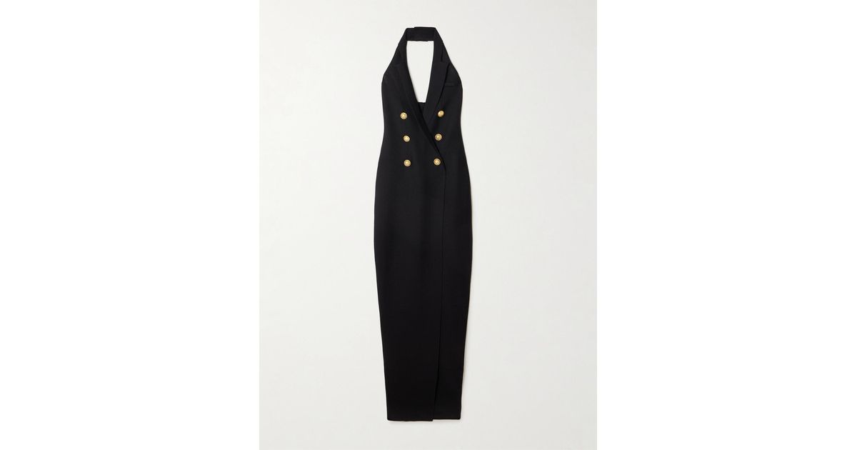 Balmain Button-Embellished Knitted Halterneck Maxi Dress in Black | Lyst
