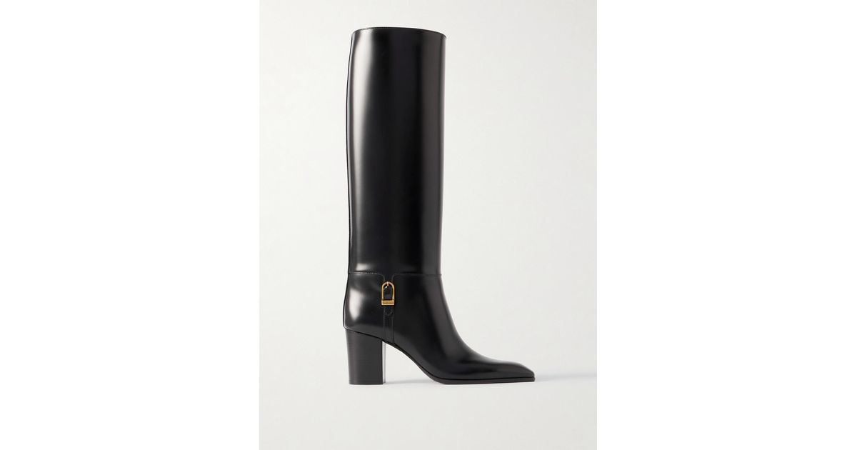 Saint Laurent Julia Buckle-Embellished Leather Knee Boots in Black | Lyst