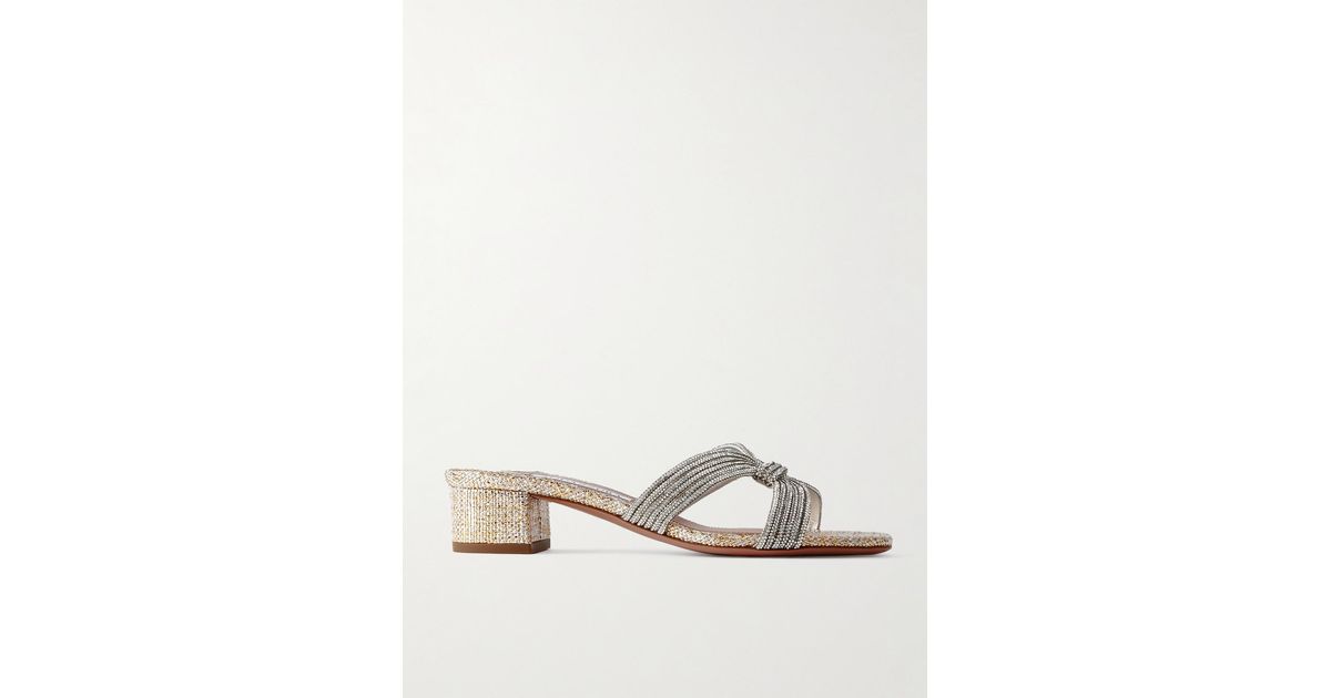 Aquazzura Muse 35 Crystal-Embellished Metallic Leather Mules in Natural ...